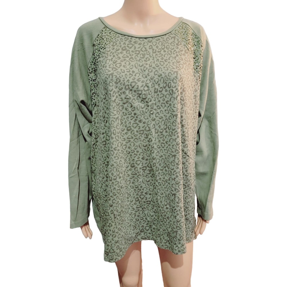 Quacker Factory Green Animal Print Long Sleeve Top Wi… - Gem